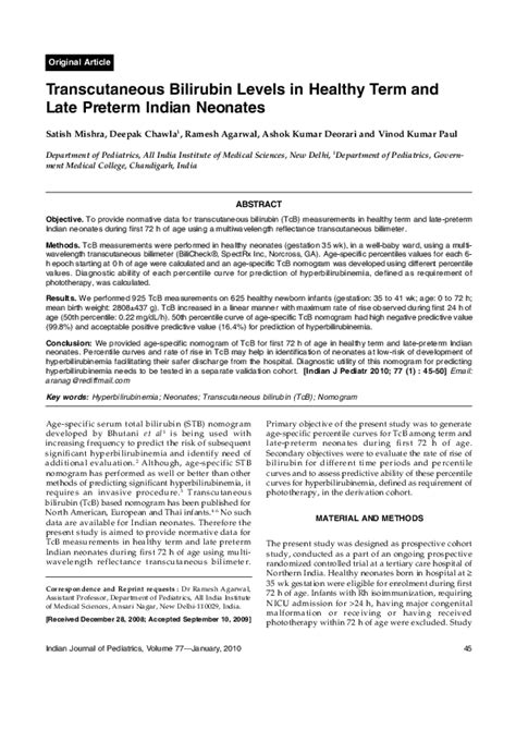 Pdf Transcutaneous Bilirubin Levels In Healthy Term And Late Preterm Indian Neonates
