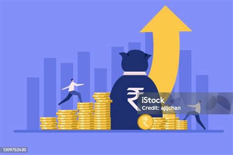 성장하는 상승 그래프에 대해 루피 동전을 강화하는 비즈니스 사람들 통화에 대한 스톡 벡터 아트 및 기타 이미지 통화 증권