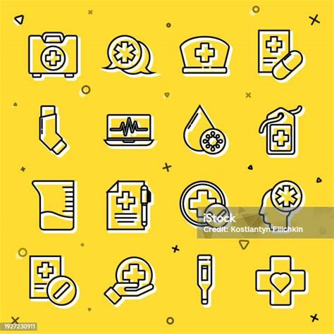 십자가 남성 머리 병원 교차 의료 태그 간호사 모자 노트북 심장 검사 흡입기 응급 처치 키트 및 혈액 검사 및 바이러스 아이콘과 함께 라인 심장을 설정합니다 벡터 1위에