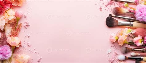 A Pink Background With Makeup Brushes And Flowers Created With