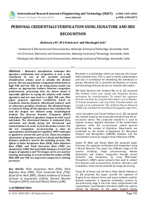 Pdf Irjet Personal Credentials Verification Using Signature And Iris Recognition