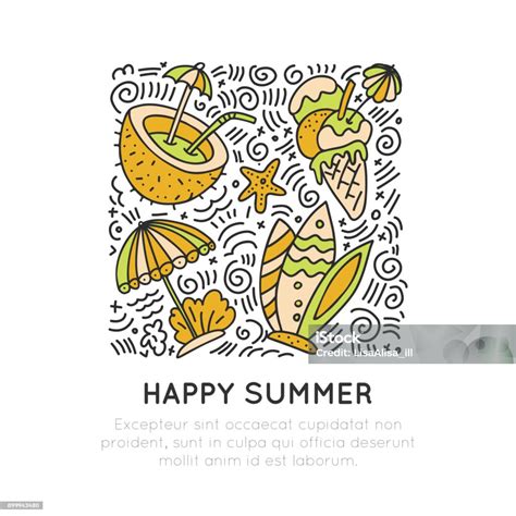 여름 및 비치 손 아이콘 개념을 그립니다 여행 만화 장식 요소와 사각형 형태로 여름 아이콘 모음 코코넛 보트 모래 아이스크림