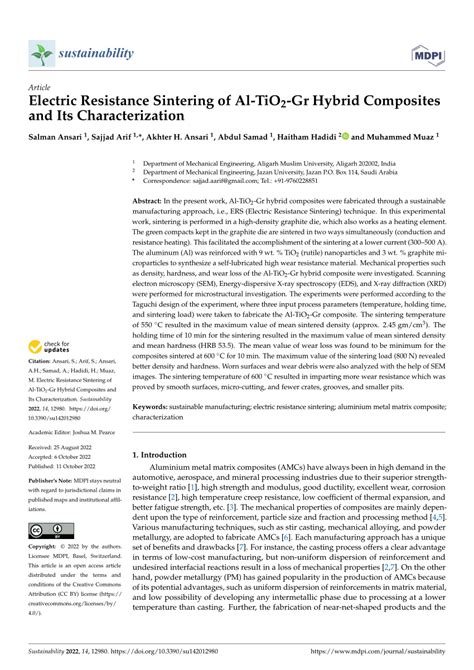Pdf Electric Resistance Sintering Of Al Tio2 Gr Hybrid Composites And Its Characterization