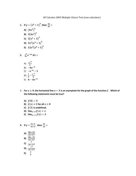 Ap Calculus 2003 Multiple Choice Exam No Calculator