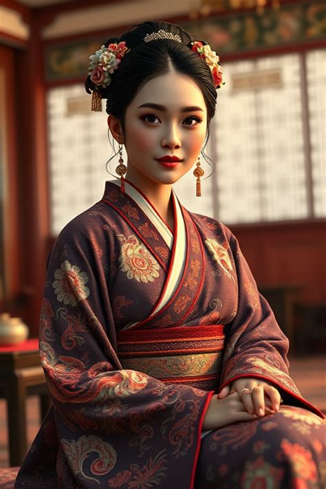 Elegant Portrait Of A Woman In Traditional Kimono Surrounded By