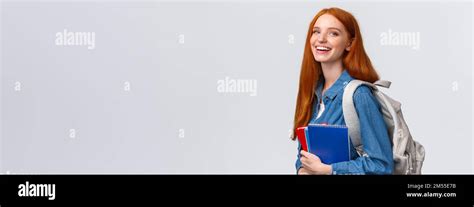 Students Education And Studying Concept Lovely Charismatic Redhead Foxy Girl With Backpack