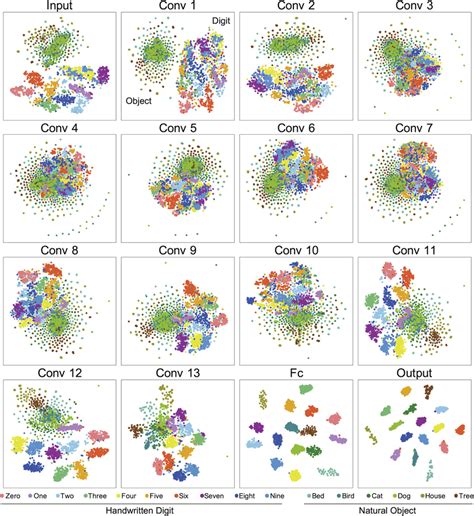 t‐sne plots of the feature representations for each cnn layer across