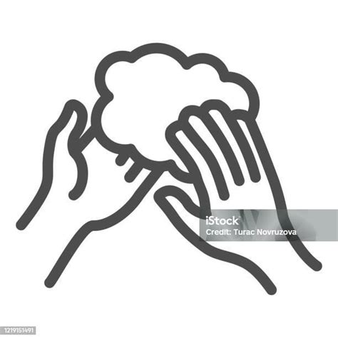 손과 폼 라인 아이콘입니다 흰색 배경에 비누 윤곽 스타일 그림으로 손 위생을 세척 모바일 개념 및 웹 디자인에 대한 바이러스에 대한 건강 관리 예방 벡터 그래픽 개념에 대한