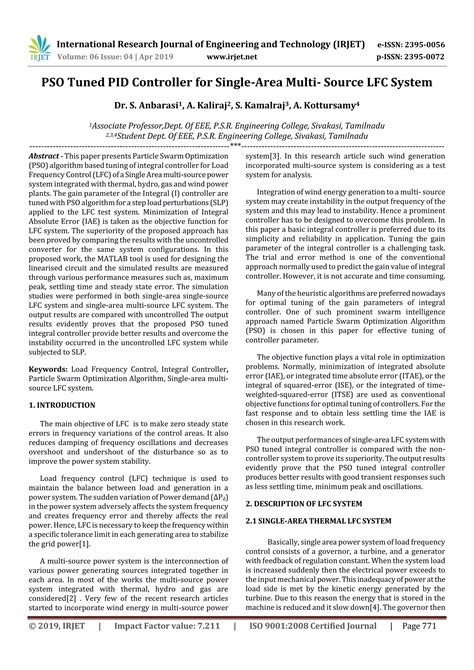 Irjet Pso Tuned Pid Controller For Single Area Multi Source Lfc System Pdf
