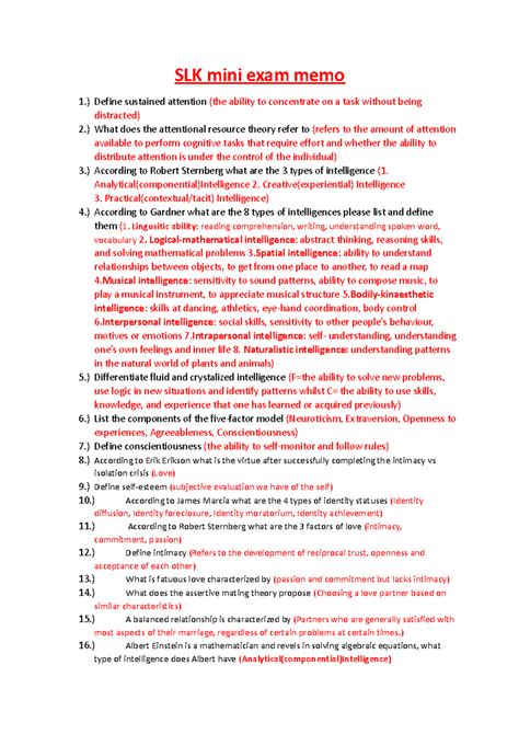 SLK Mini Exam Memo Memo SLK Mini Exam Memo Define Sustained Attention The Ability To