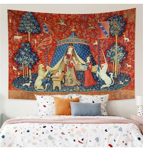 레이디와 유니콘 태피스트리 중세 벽 매달려 인쇄 홈 장식 배경 방 침대 커버 티몬