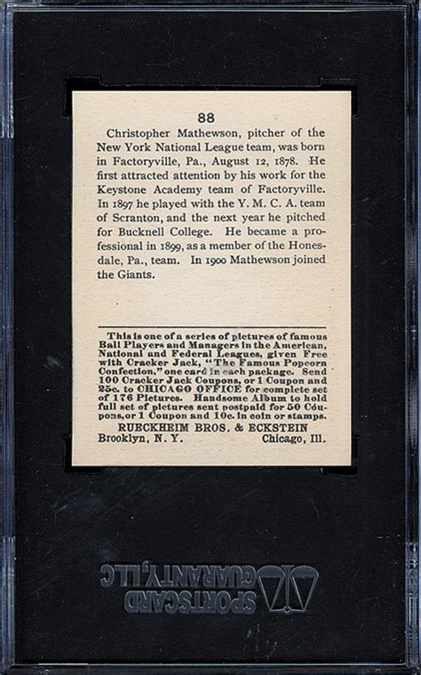 1915 E145 Cracker Jack 88 Christy Mathewson Sgc Mint 96 Highest