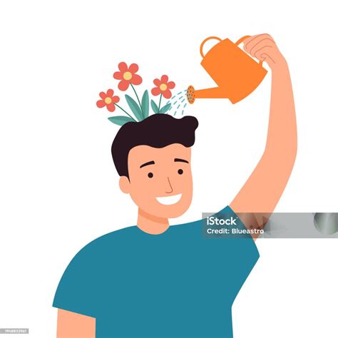 자기 관리 또는 자기 연민 개념 벡터 일러스트 레이 션 정신 건강 또는 심리 치료 남자는 평평한 디자인에서 그의 머리에 꽃을 급수합니다 Mental Wellbeing에 대한