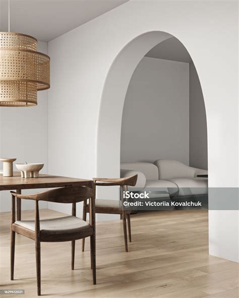 식탁 램프 의자가 있는 나무 베이지색 식당 인테리어 미니멀리즘 조명 일본식 자연 거실에는 소파가 있고 빈 액자를 조롱한다 3d 렌더링 고품질 3d 그림 0명에 대한 스톡