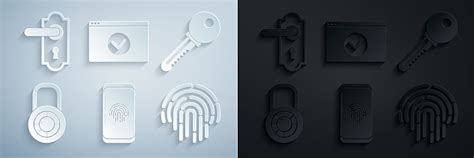 지문 스캐너 키 안전 조합 잠금 휠 지문 사이트 Ssl 및 도어 핸들 아이콘으로 스마트 폰을 설정합니다 벡터 3차원 형태에 대한 스톡 벡터 아트 및 기타 이미지
