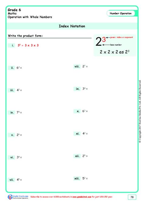 Grade 6 Math Index Notation Worksheets