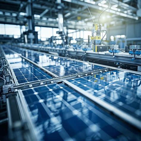 Solar Panels Move Along A Conveyor Belt Within A Manufacturing Facility Generative Ai Stock