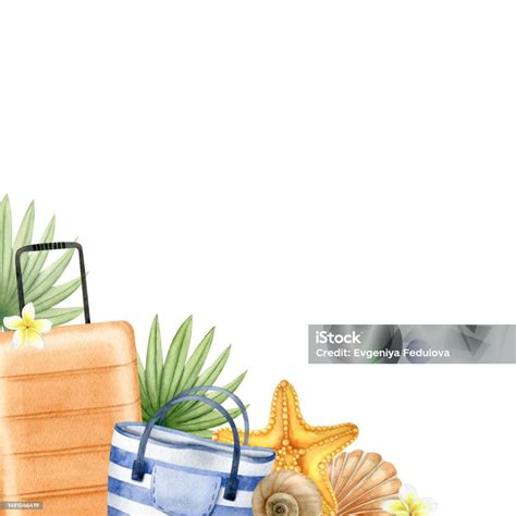 오렌지색 여행 가방 줄무늬 비치 백 열대 잎 불가사리 조개껍데기 프랜지파니 꽃 여름 해변 액세서리와 열대 나뭇잎이 있는 프레임 수채화 그림입니다 격리 가방에 대한 스톡 벡터