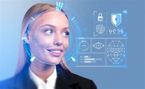 Smiling Businesswoman And Biometric Scanning Digital Hologram And