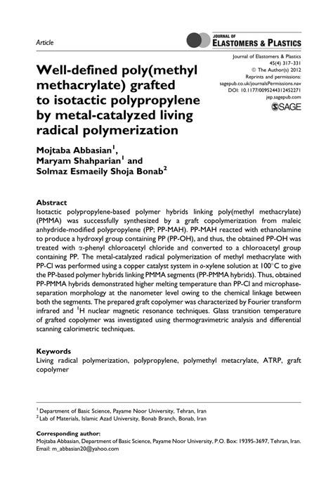 Pdf Well Defined Polymethyl Methacrylate Grafted To Isotactic