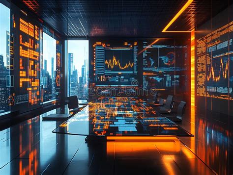 Futuristic Office With City View And Glowing Data Screens Stock Illustration Illustration Of