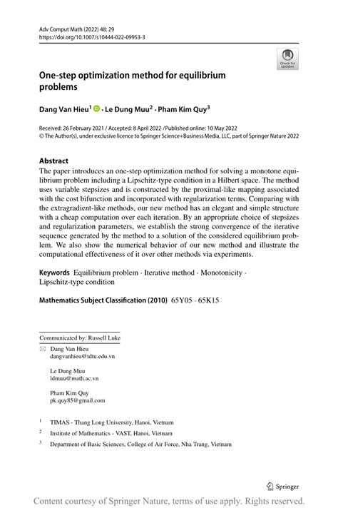 One Step Optimization Method For Equilibrium Problems Request Pdf