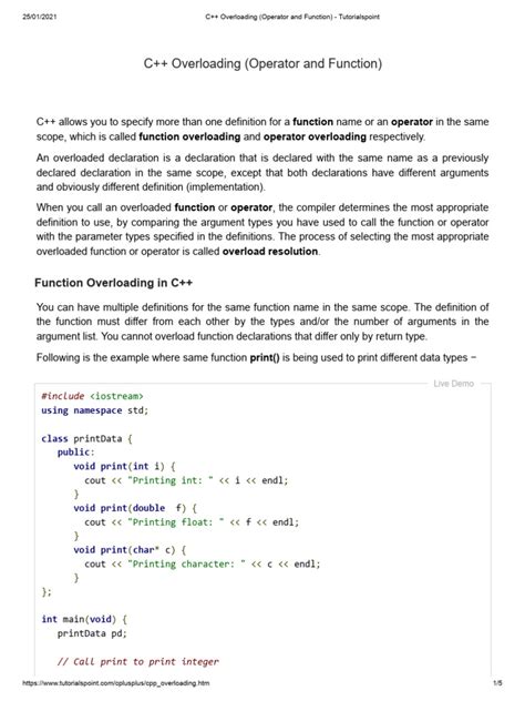 C Overloading Operator And Function Tutorialspoint Pdf Parameter Computer Programming