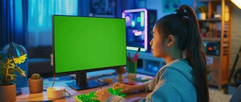 Female Asian Game Designer Using Desktop Computer With Green Screen Chromakey Creating Character