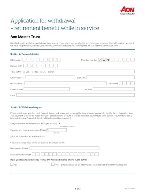 Fillable Online Aon Master Trust Application For Withdrawal Retirement