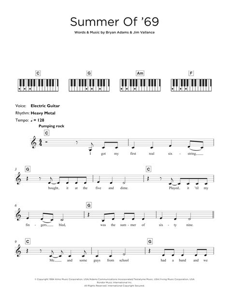 Summer Of 69 By Bryan Adams Sheet Music For Keyboard Abridged At