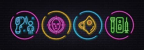Electronic Thermometer Face Detect And Medical Mask Minimal Line Icons For Web Application