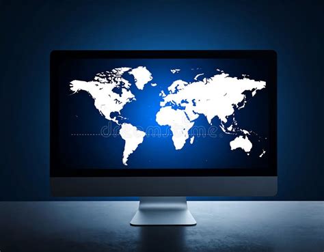 modern desktop monitor displaying a world map on a blue screen