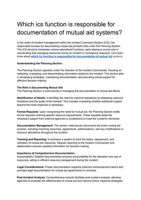 Which Ics Function Is Responsible For Documentation Of Mutual Aid Pdf
