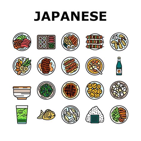 Comida Japonesa Comida Asiática Iconos Conjunto Vector Vector Premium