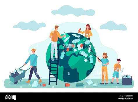Earth Cleaning People Clean World From Garbage Save Planet Ecology Concept Environmental