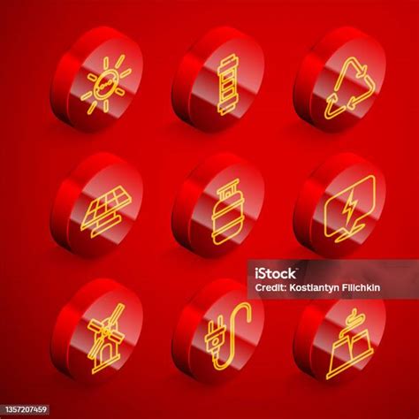 세트 라인 태양 에너지 패널 배터리 재활용 기호 프로판 가스 탱크 번개 볼트 풍력 터빈 및 전기 플러그 아이콘 벡터 3차원 형태에 대한 스톡 벡터 아트 및 기타 이미지