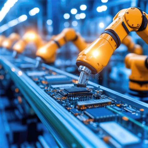 Automated Robotic Arm Assembling Circuit Boards In A High Tech Manufacturing Facility Stock
