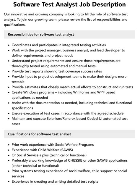 Software Test Analyst Job Description Velvet Jobs