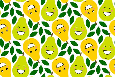 아이들을 위한 행복한 카와이 과일 프린트 만화 스타일의 웃는 배가 있는 귀여운 이음매 없는 패턴 웃는 재미있는 과일로 장식 옷