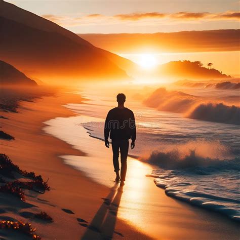 изображение пляжного комбера спускающегося на закате с волнами Иллюстрация штока иллюстрации