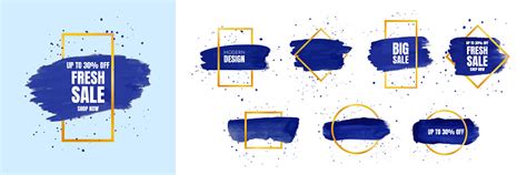 텍스트에 대한 벡터 배경입니다 수채화 배너 세트 파란색 페인트 브러시 잉크 스트로크 격리 된 사각형 골드 프레임 디자인 포스터 커버 초대장 기프트 카드 전단지 소셜 미디어