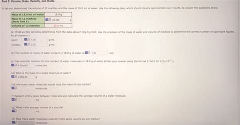 Solved Part C Volume Mass Density And Moles In Lab You Chegg
