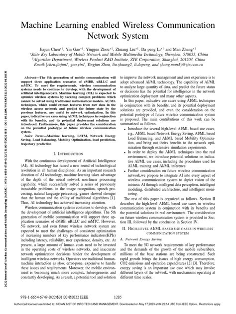 Machine Learning Enabled Wireless Communication Network System Pdf