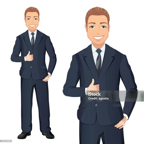 진한 파란색 정장 사업가 미소 고 엄지손가락을 나타난다 전체 길이 우아한 잘생긴 남자 정장 흰색 배경에 고립의 초상화 갈색 머리에 대한 스톡 벡터 아트 및 기타 이미지