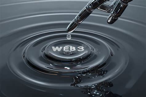 Metallic Robot Finger Touching Ripple Liquid Surface Reflecting Web3 Concept Stock Illustration