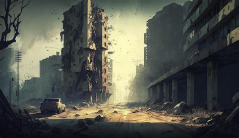 Illustration Painting Of Destroyed Abandoned City Digital Illustration