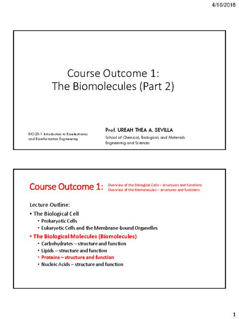 Bio Engineering Lecture Notes Course Outcome The Biomolecules Part Prof UREAH THEA A