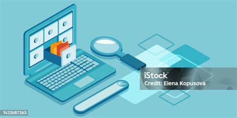 평면 스타일의 사무 업무 모바일 장치 데이터 전송 및 검색의 개념 추상적 인 색상 배경에 파일 캐비닛 및 검색 요소가있는 노트북