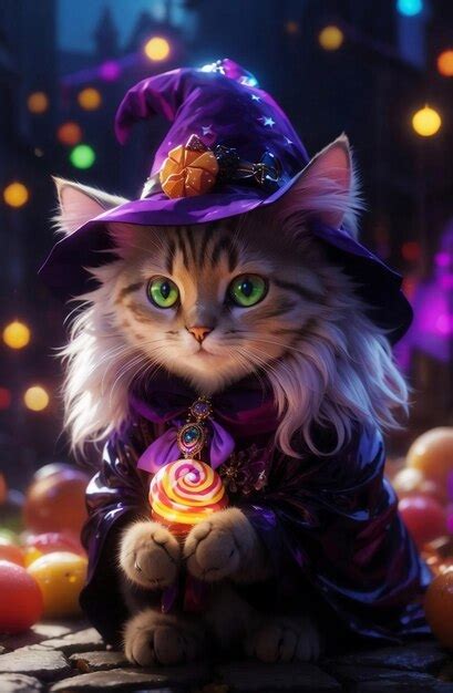 Premium Photo A Cute Witch Cat In Magical Dreamy City Background