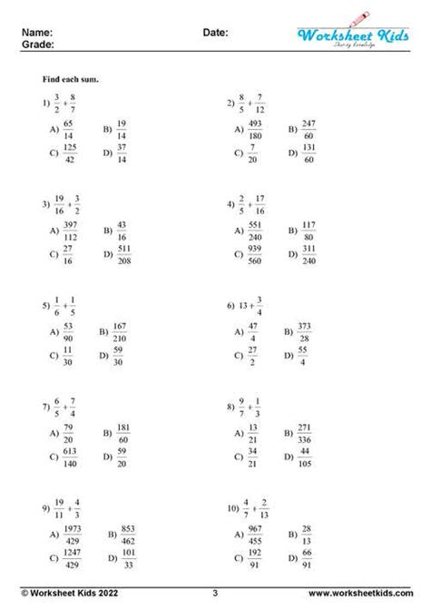 Adding Fractions With Unlike Denominators Worksheets Free Pdf